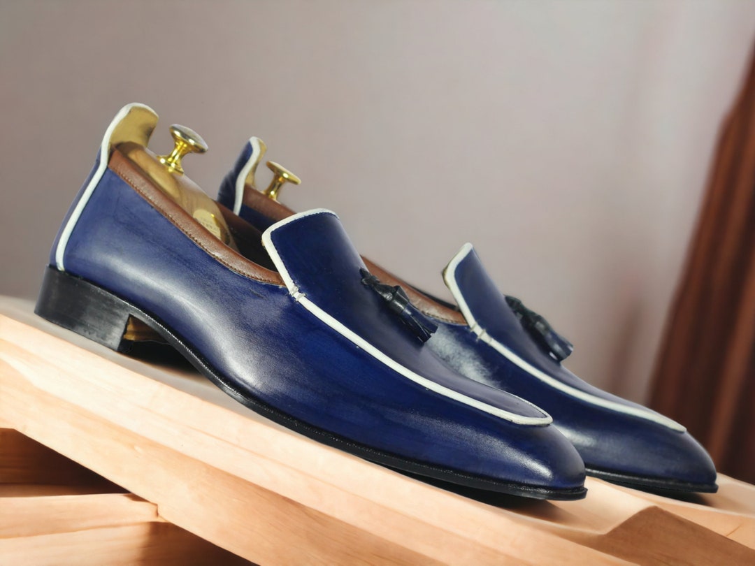 Handmade Men's Blue Leather Loafer Shoes Tassel Stylish Designer Red ...