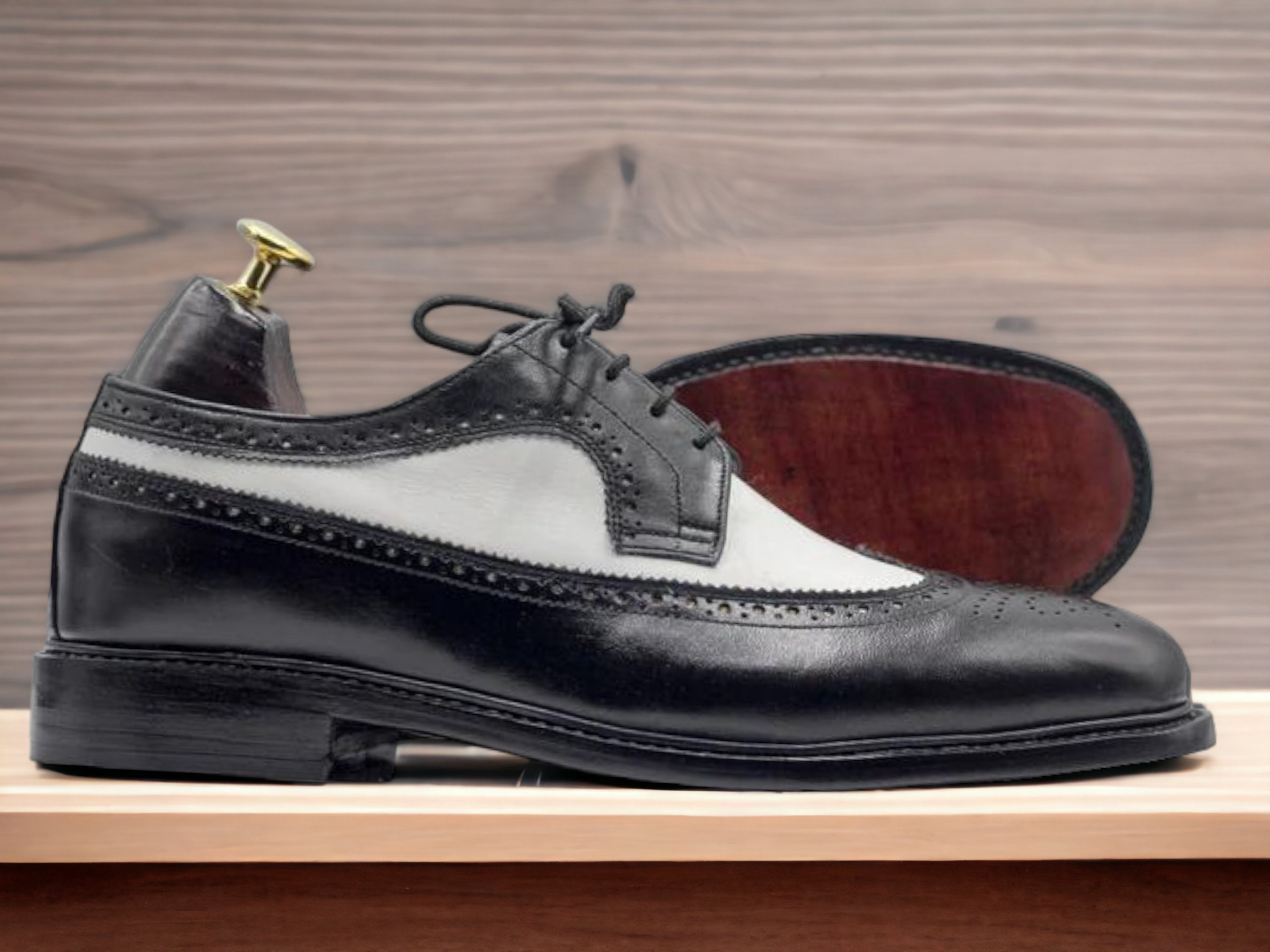 Black White Wing Tip Derby Shoes Classic Style Men Dress Shoes Formal ...