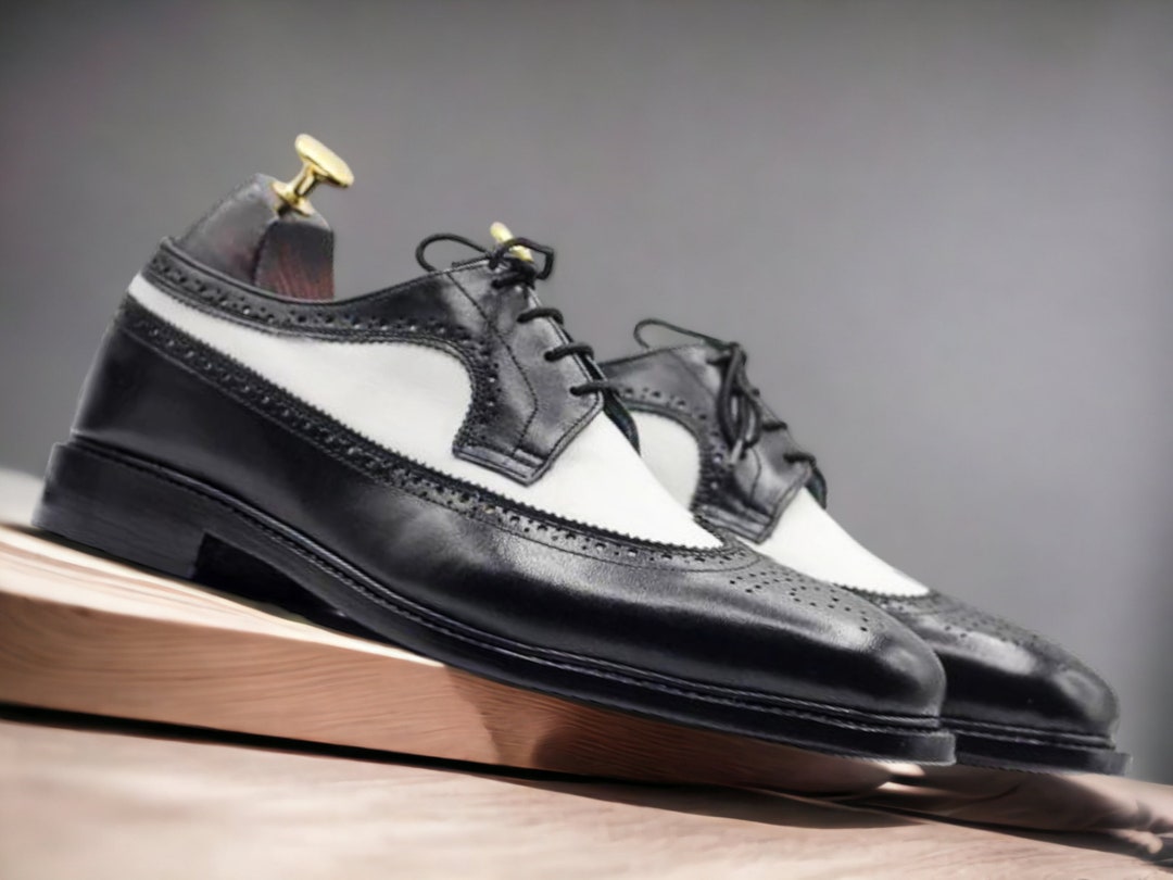 Black White Wing Tip Derby Shoes Classic Style Men Dress Shoes Formal ...