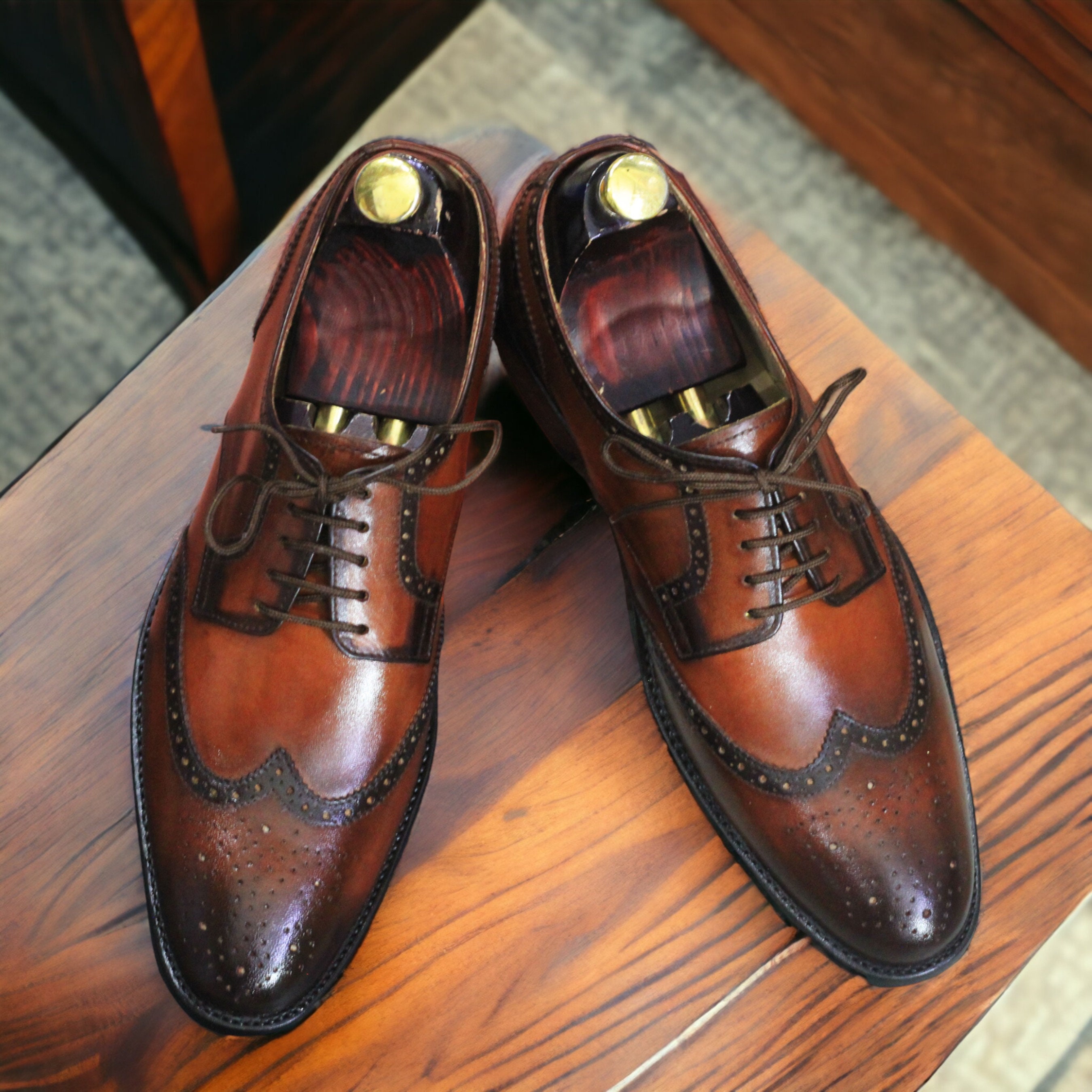 Handmade Men's Wingtip Oxford Shoes White Brown Brogue Leather Dress ...