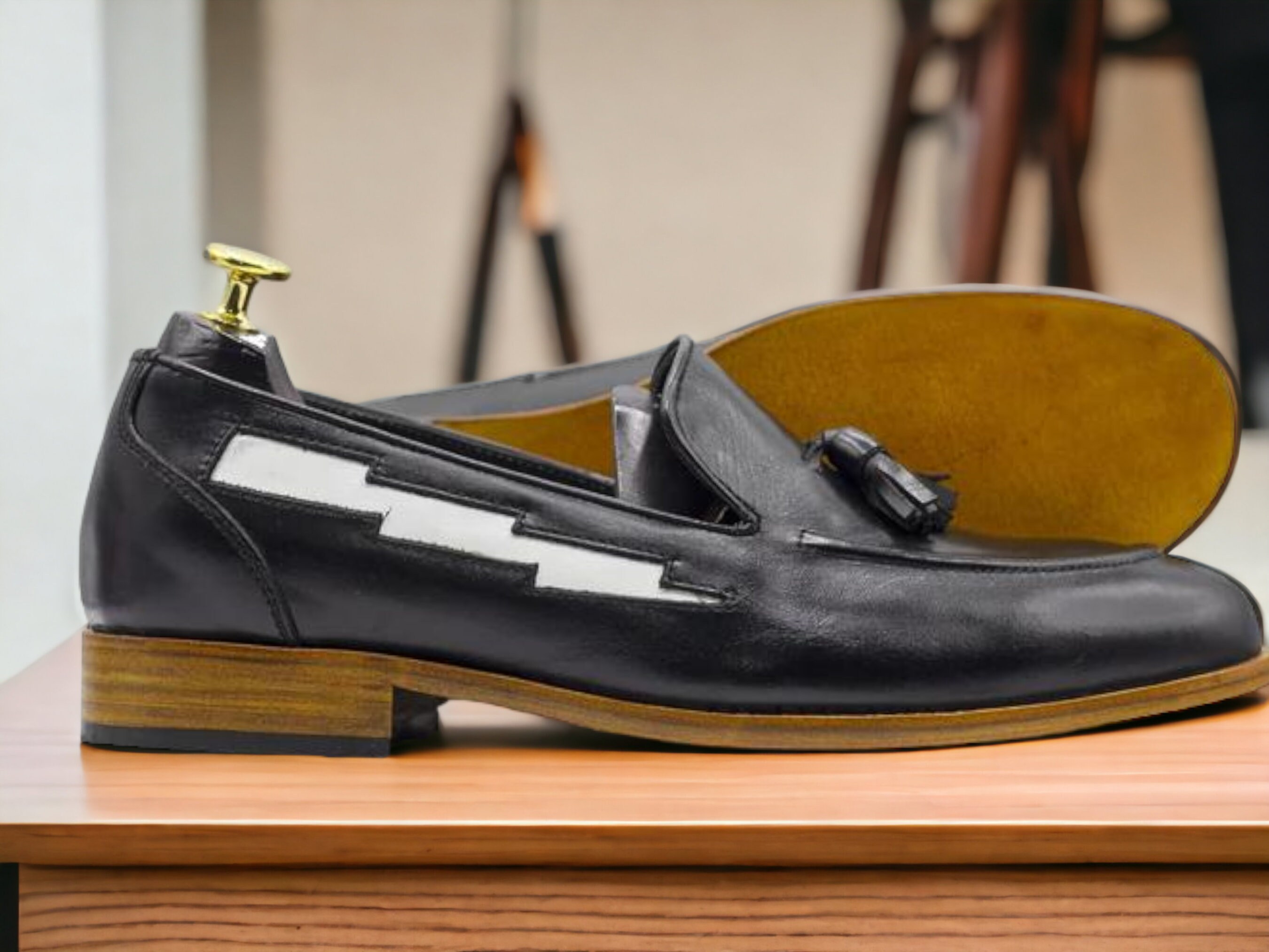 Handmade Men's Black Leather Loafer Shoes Tassel Stylish Designer Black ...