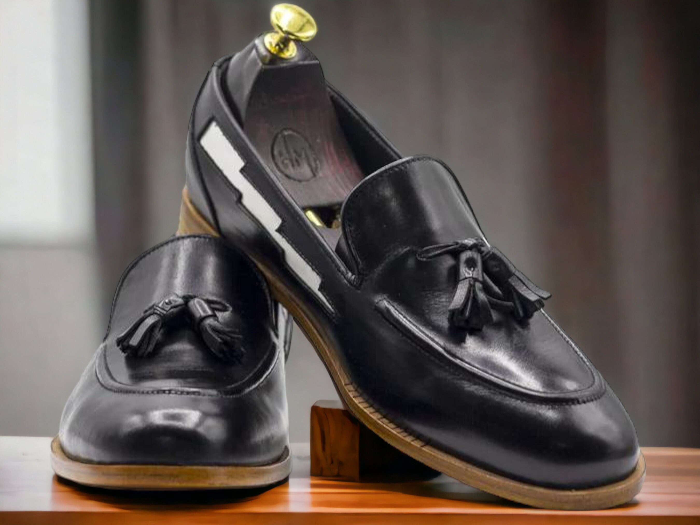 Handmade Men's Black Leather Loafer Shoes Tassel Stylish Designer Black ...