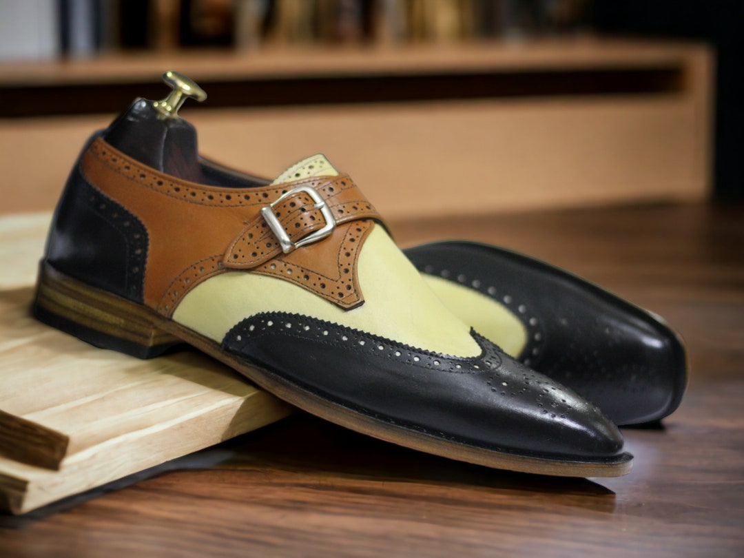 Bespoke Multi-colour Leather Wingtip Buckle-up Shoes Men's Monk Strap ...