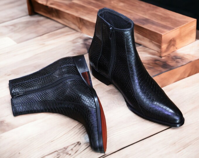 Handmade Men's Black Python Leather Boots FASHION Designer BOOT Stylish ...