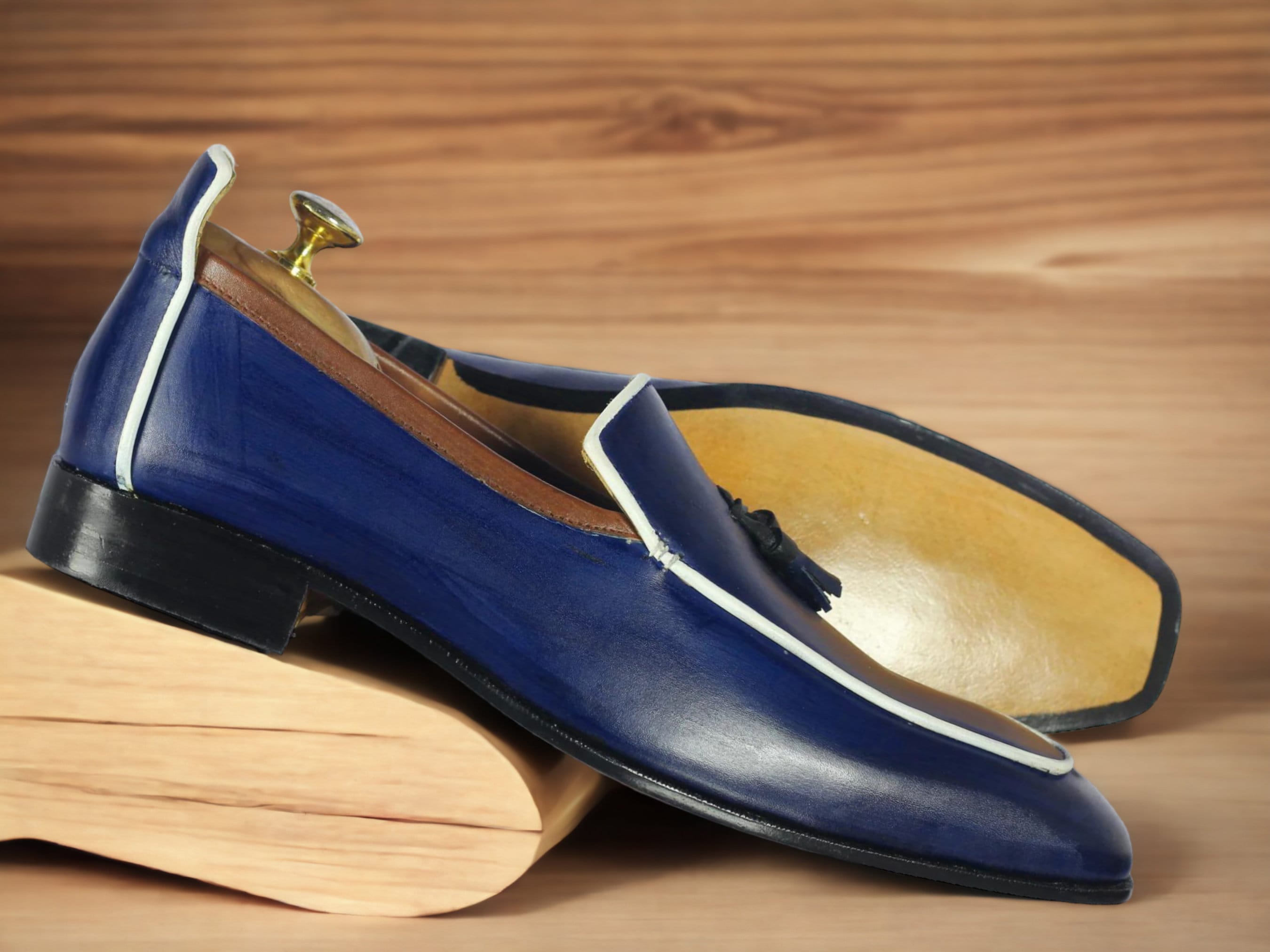 Handmade Men's Blue Leather Loafer Shoes Tassel Stylish Designer Red ...