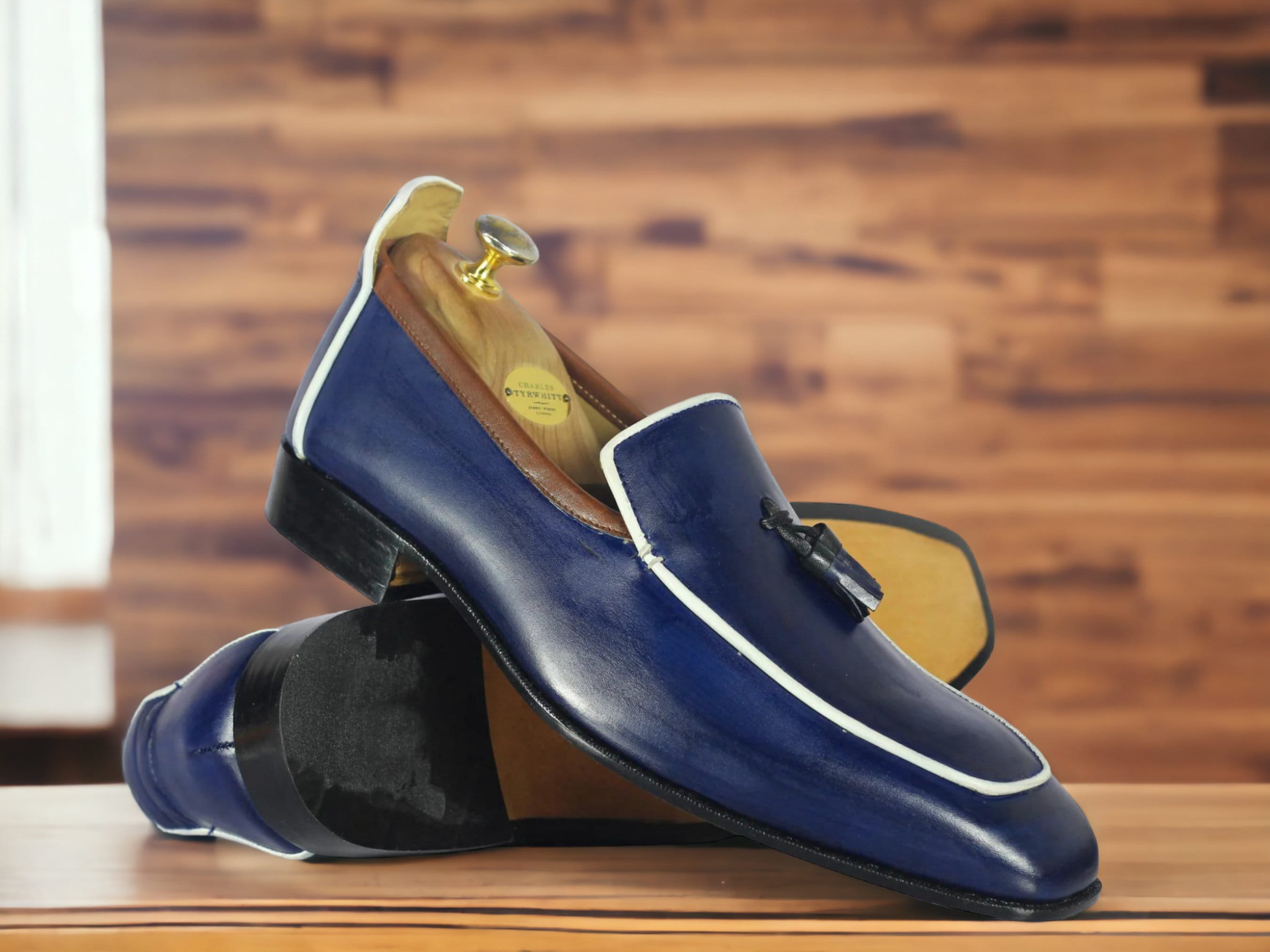 Handmade Men's Blue Leather Loafer Shoes Tassel Stylish Designer Red ...