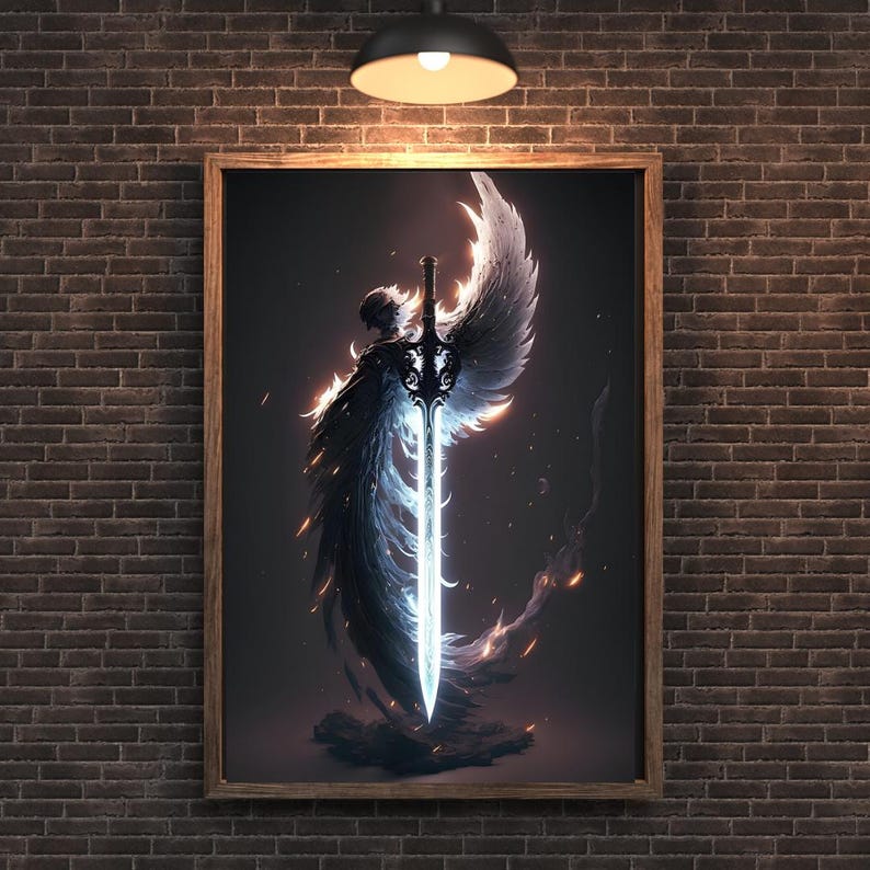 Celestial Sword & Angel Wings Canvas, Fantasy Warrior Wall Art ...