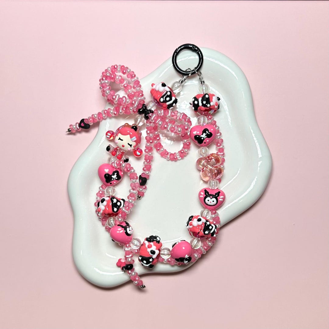 Hot Pink and Black Skull Panda Hand Painted Bead Keychain | Bag Charm ...