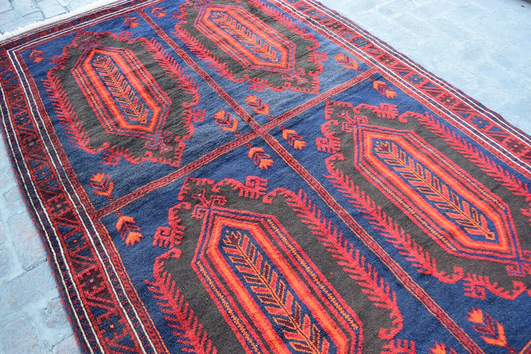 Vintage Afghan High Pile Soft Wool Rug 5x9 Navy Blue Bukhara Antique ...