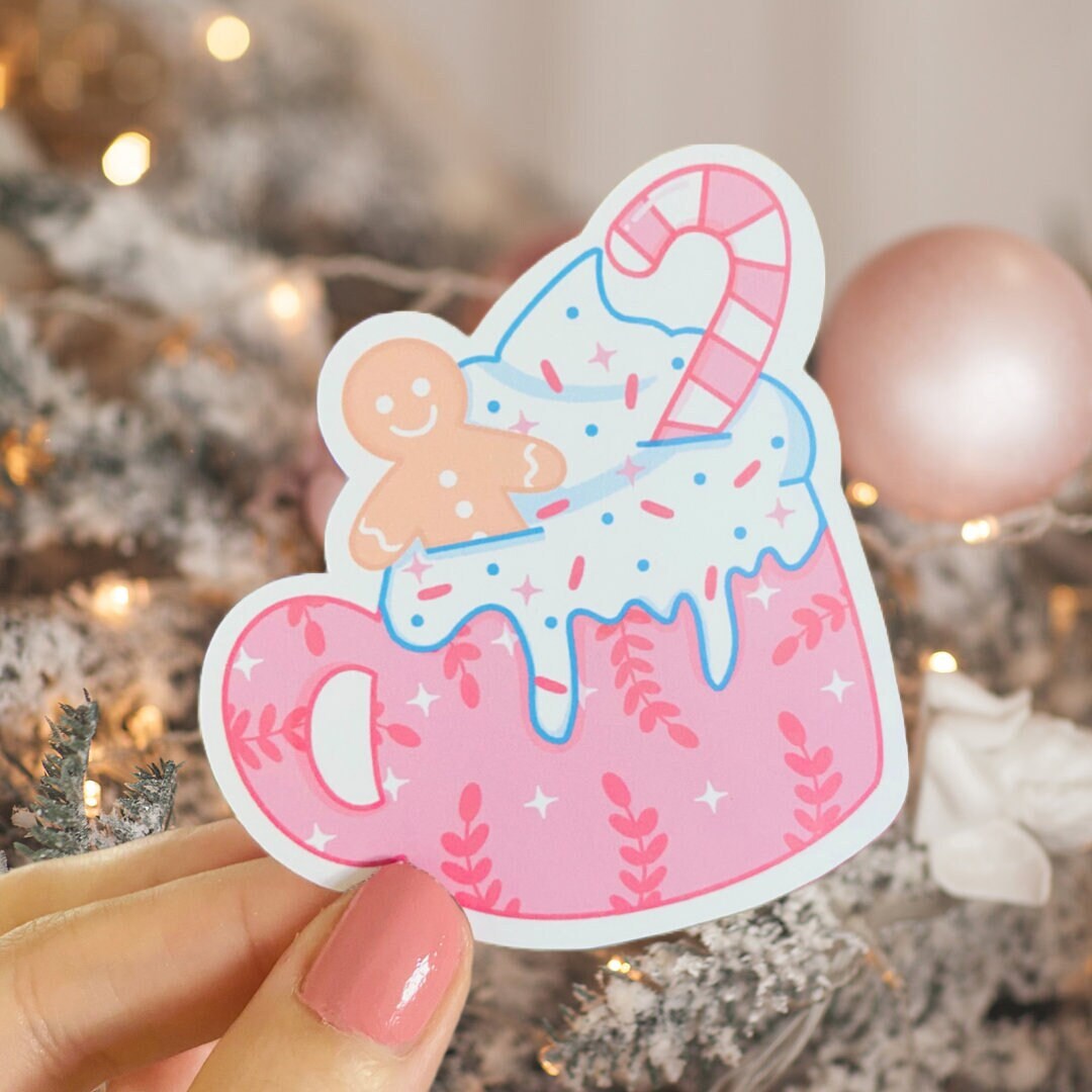 Holographic Hot Chocolate Sticker Pastel Pink Christmas Holiday ...