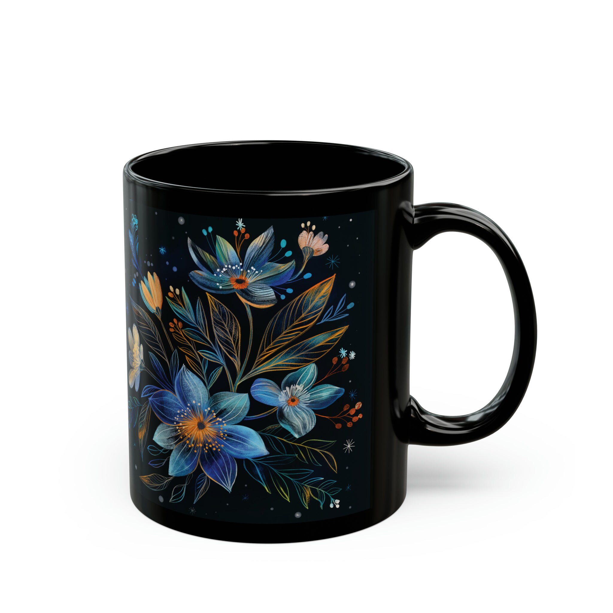 Neon Blue Flower Black Mug 11oz Blue Flower Coffee Mug Blue Flower ...