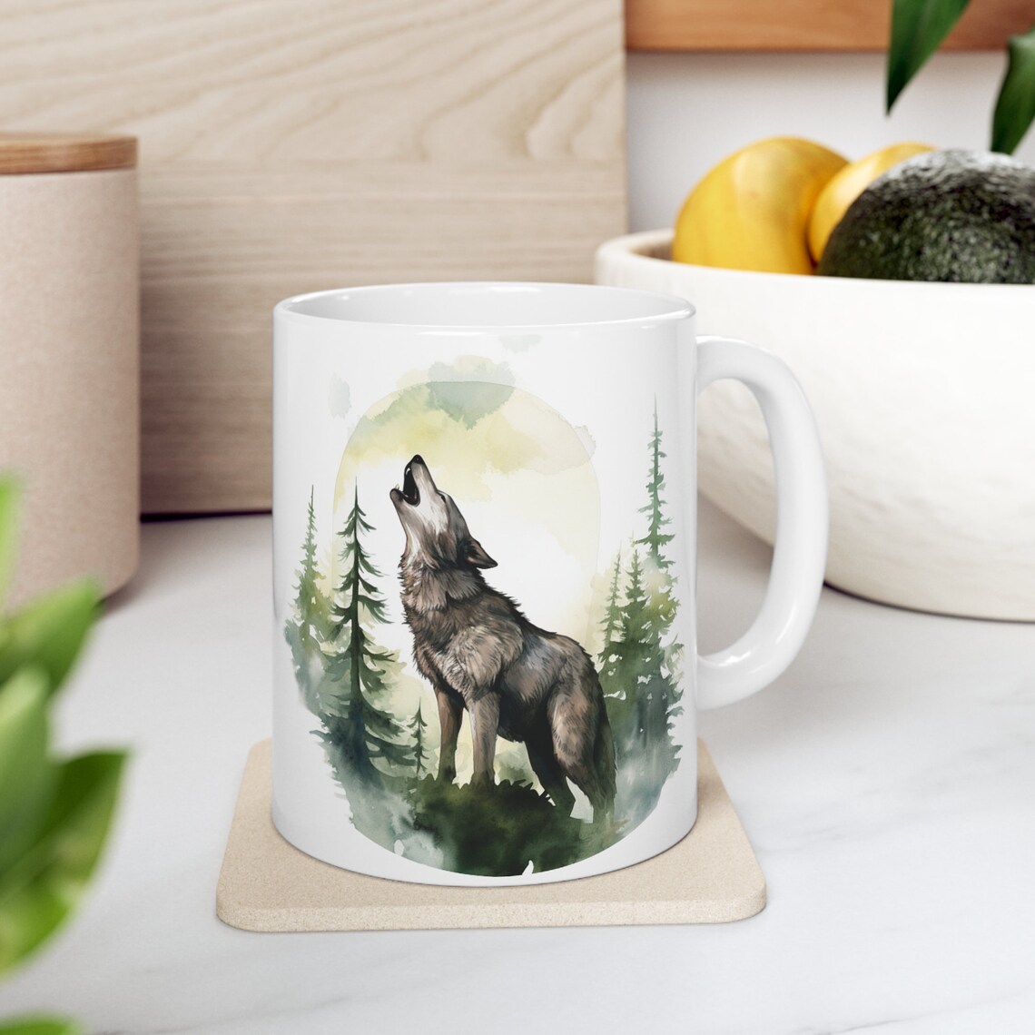 Howling Wolf Mug Wolf Cup Wolf Design Gift Forest Mug Forest Cup ...