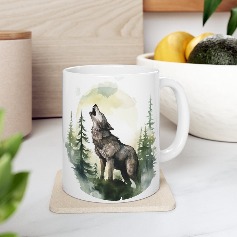 Howling Wolf Mug Wolf Cup Wolf Design Gift Forest Mug Forest Cup ...