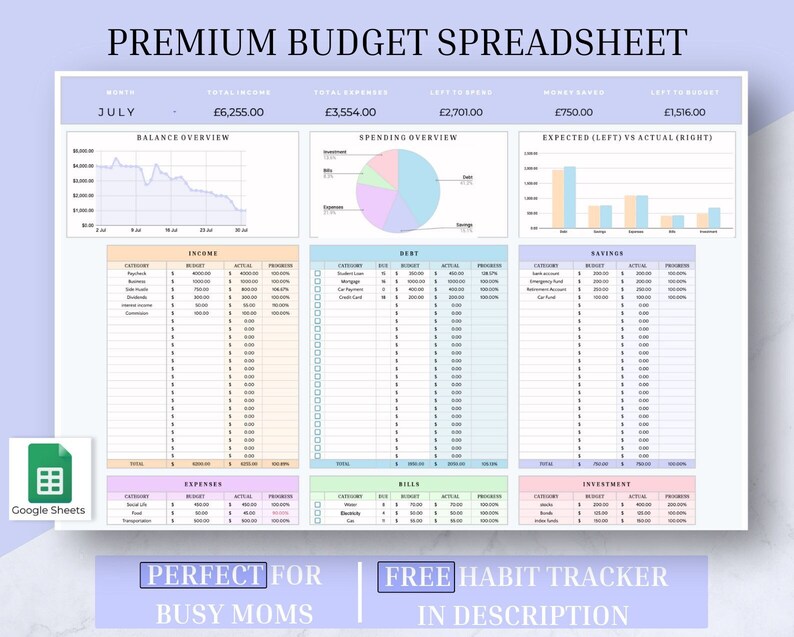 Monthly Budget Spreadsheet Template Google Sheets, Budget Planner ...
