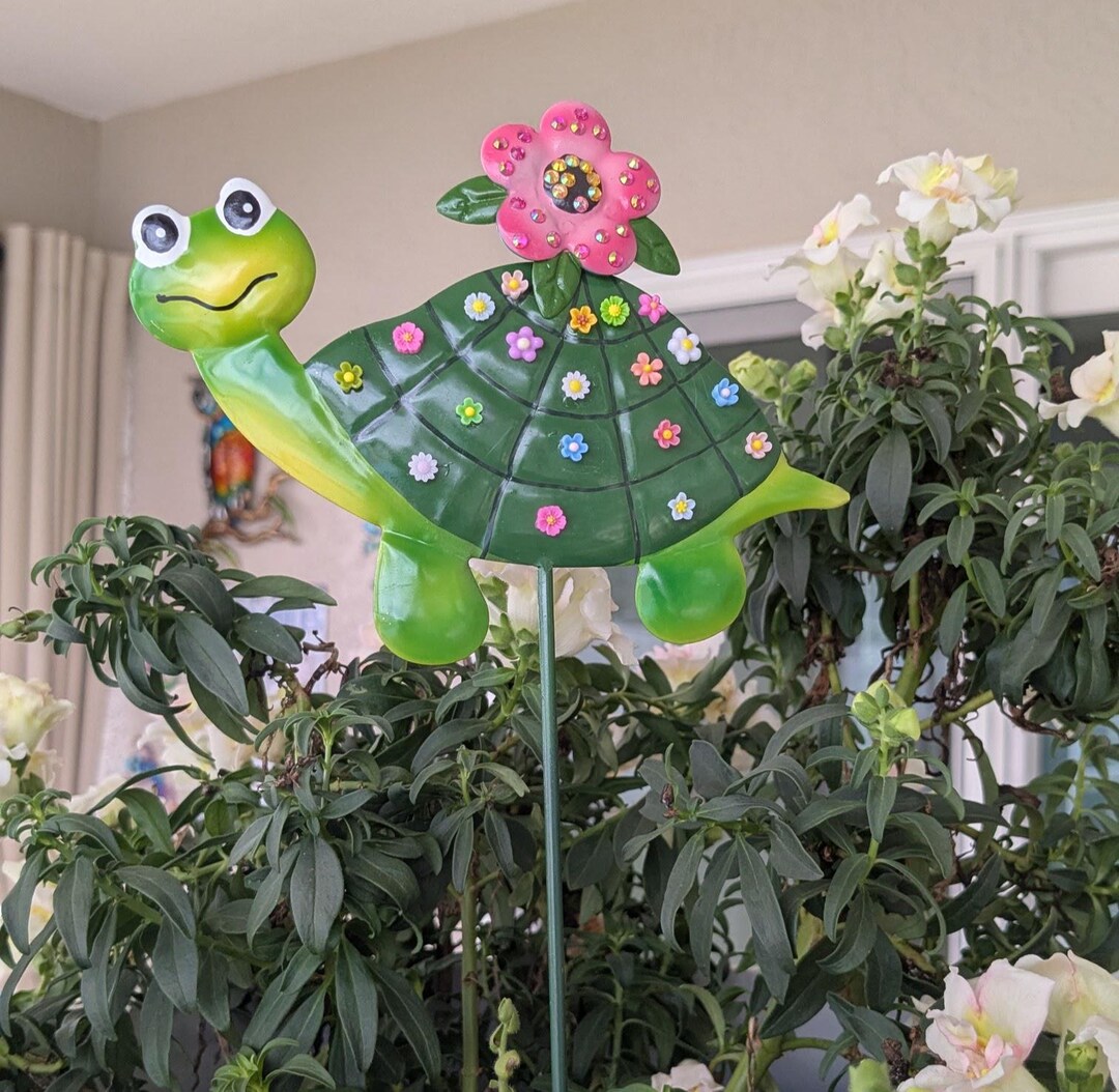 Metal Turtle Garden Stake With Rhinestones & Resin Flowers, 15"x6 ...