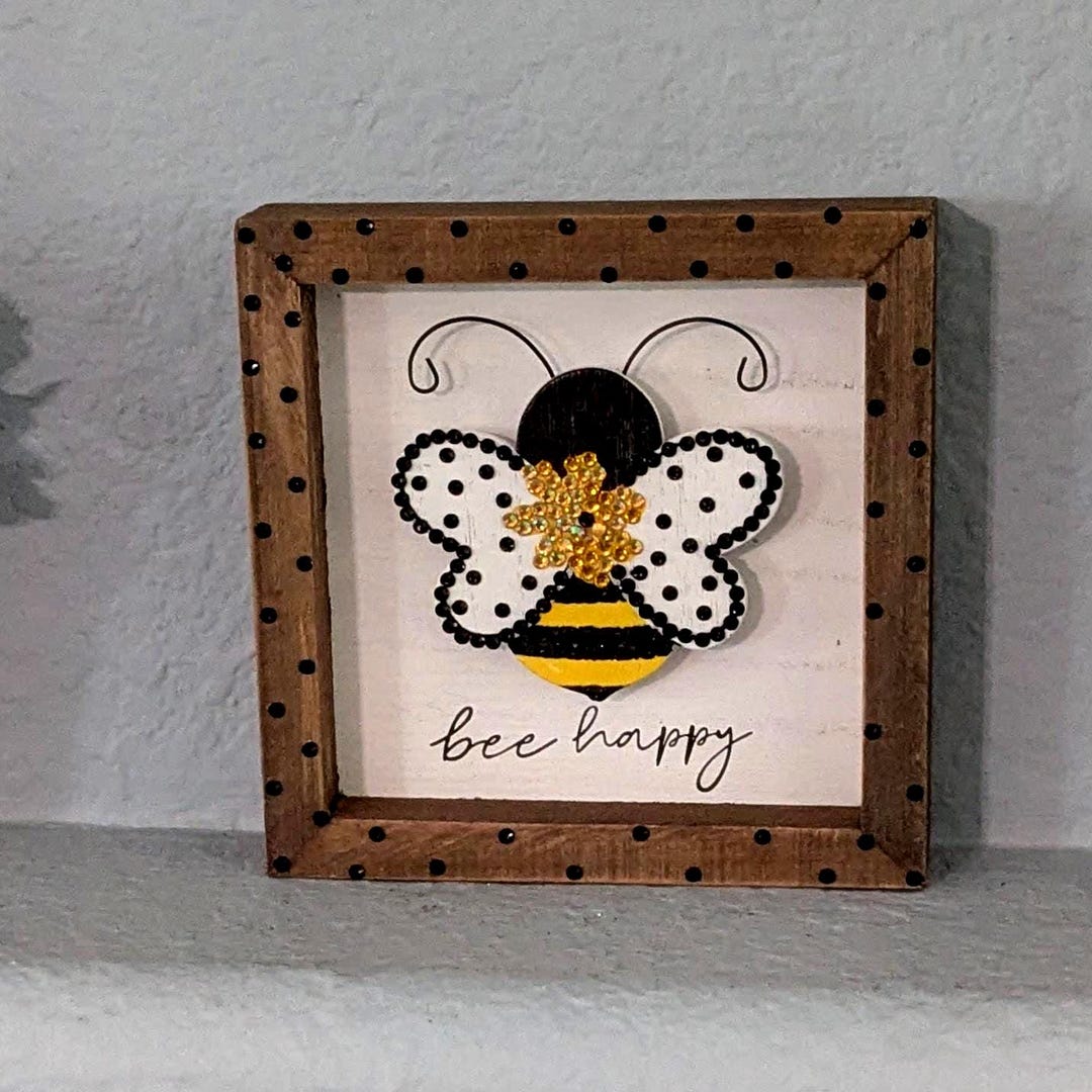Bee Happy Wall Art, Rustic Wood Frame With Rhinestone Bee & Flower ...