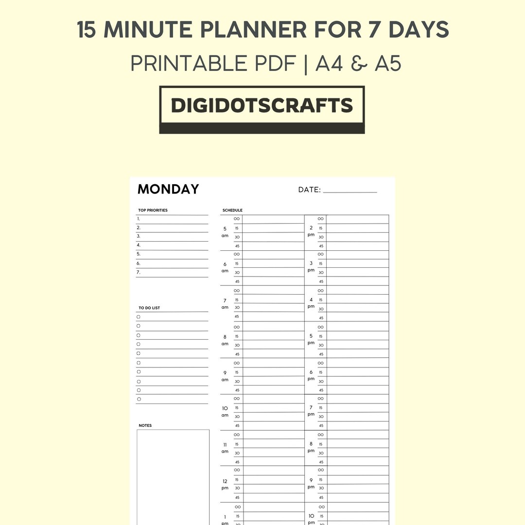 15 Minute Planner for 7 Days in a Week Printable Time Block - Etsy