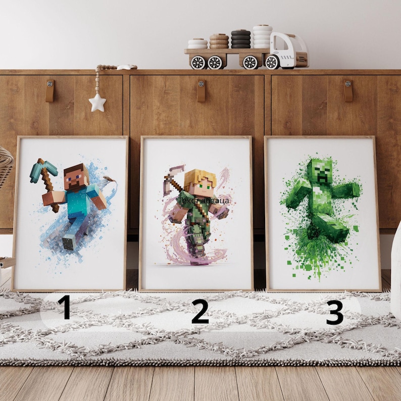 Minecraft Wall Art Cartoon Poster Set, Nursery Decor, Creeper, Enderman ...