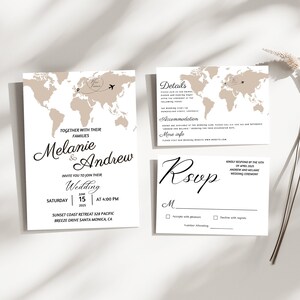 World Map Wedding Invitation Template Set Travel Themed Wedding ...