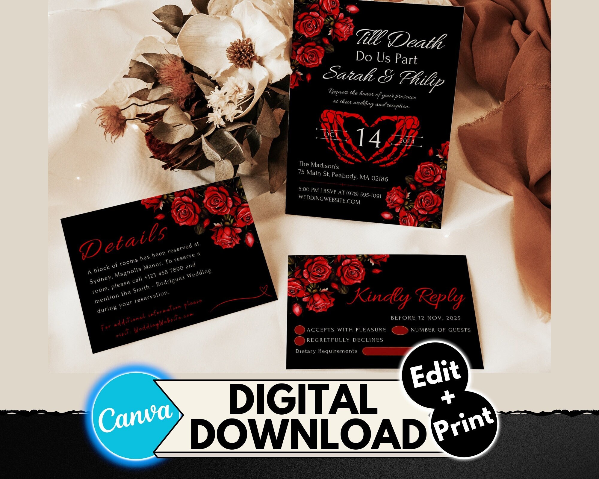 Gothic Red Roses Wedding Invitation Halloween Till Death Template Kit Editable Goth RSVP Set ...