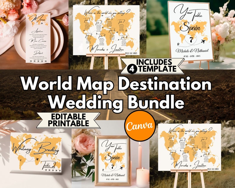 World Map Wedding Template Bundle Yellow Orange World Map Wedding ...