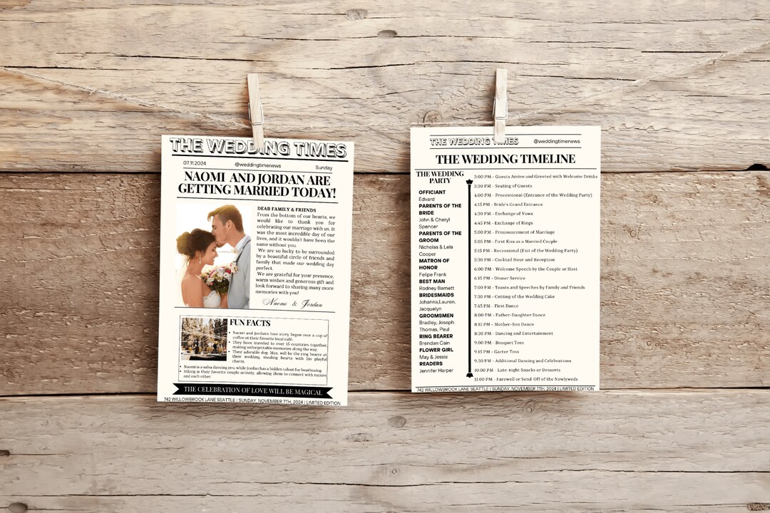 2 Page Newspaper Wedding Program Template With Wedding Day - Etsy