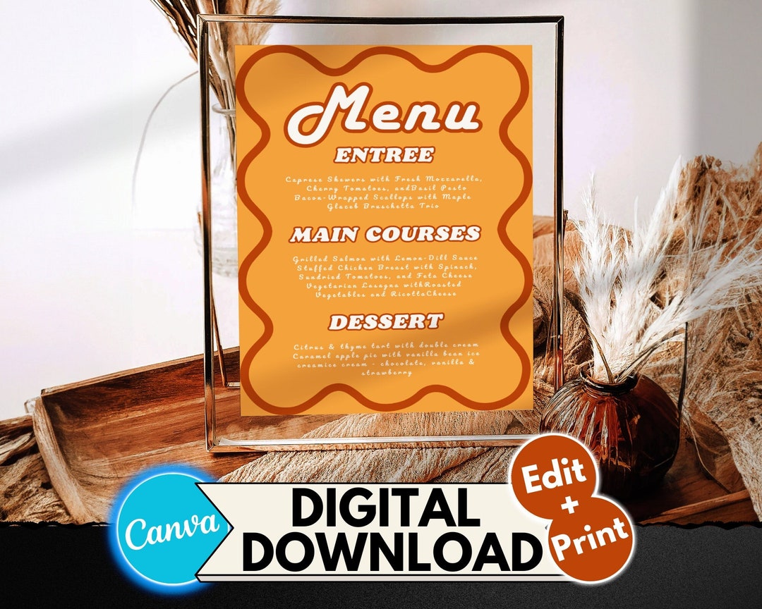 Wavy Retro Wedding Menu 70s Orange Yellow Menu Card Editable Funky ...
