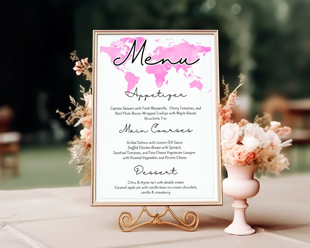 Pink World Map Menu Template Editable Map Menu Template Travel Theme ...