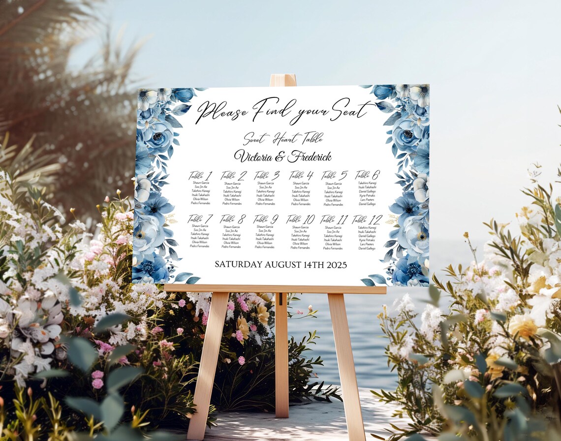 Dusty Blue Wedding Seating Chart Template Blue Floral Wedding Seating ...