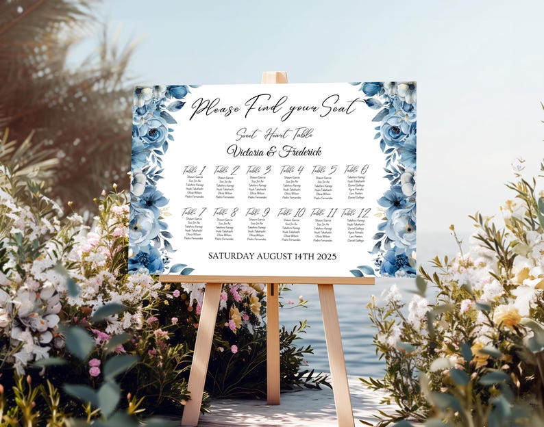 Dusty Blue Wedding Seating Chart Template Blue Floral Wedding Seating ...