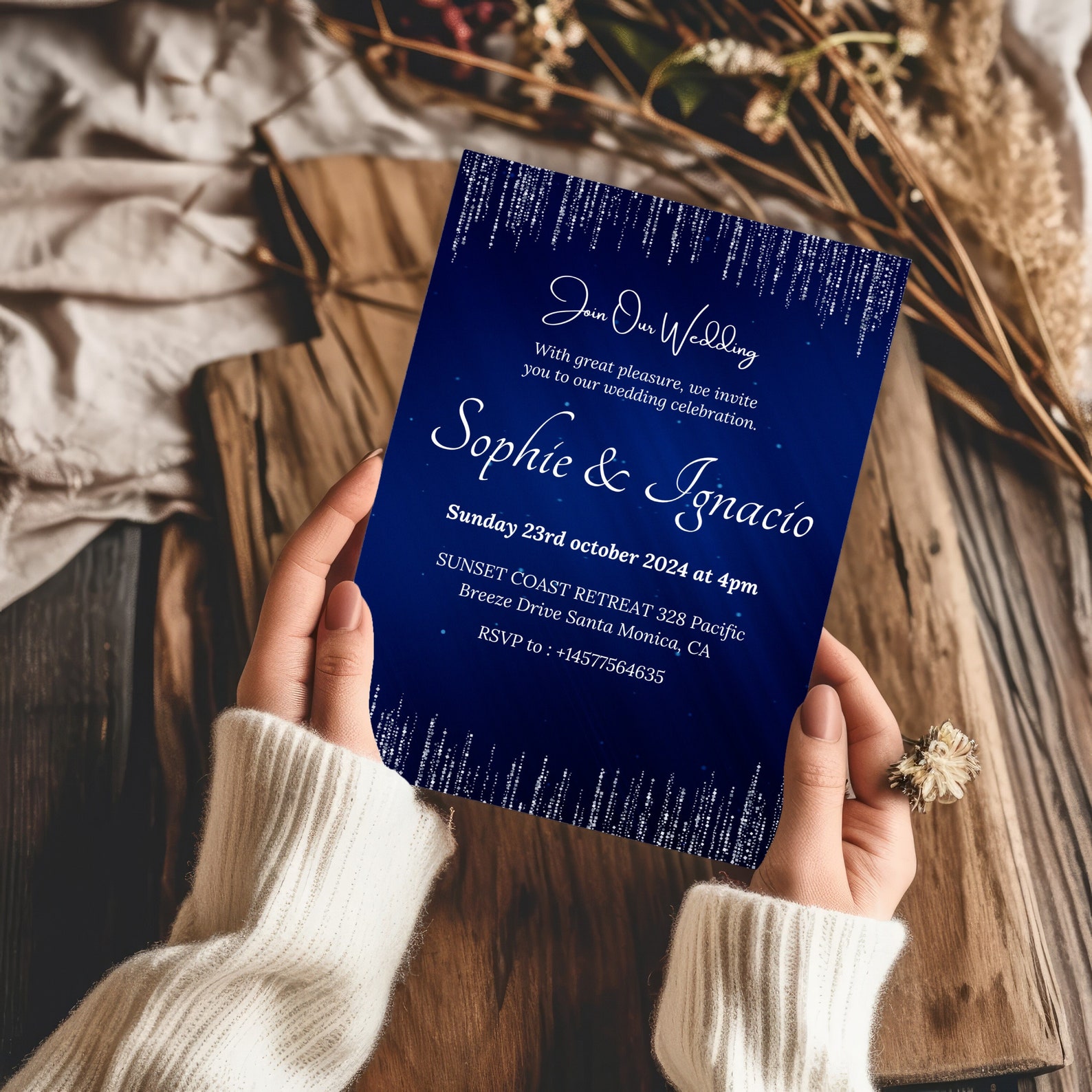Luxury Silver Blue Wedding Invitation Editable Shimmering Silver ...