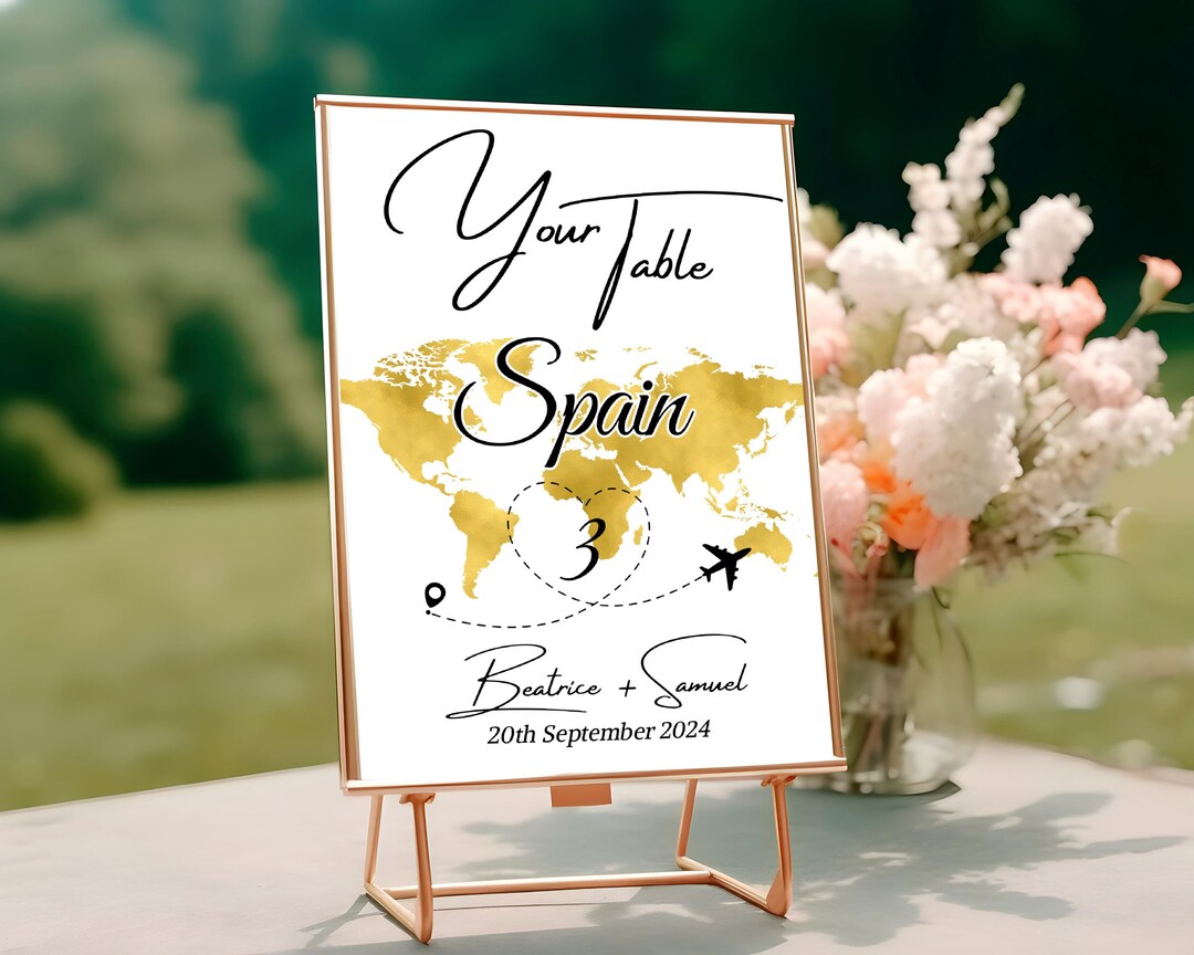 Editable Travel Theme Table Names Template Gold World Map Table Numbers ...