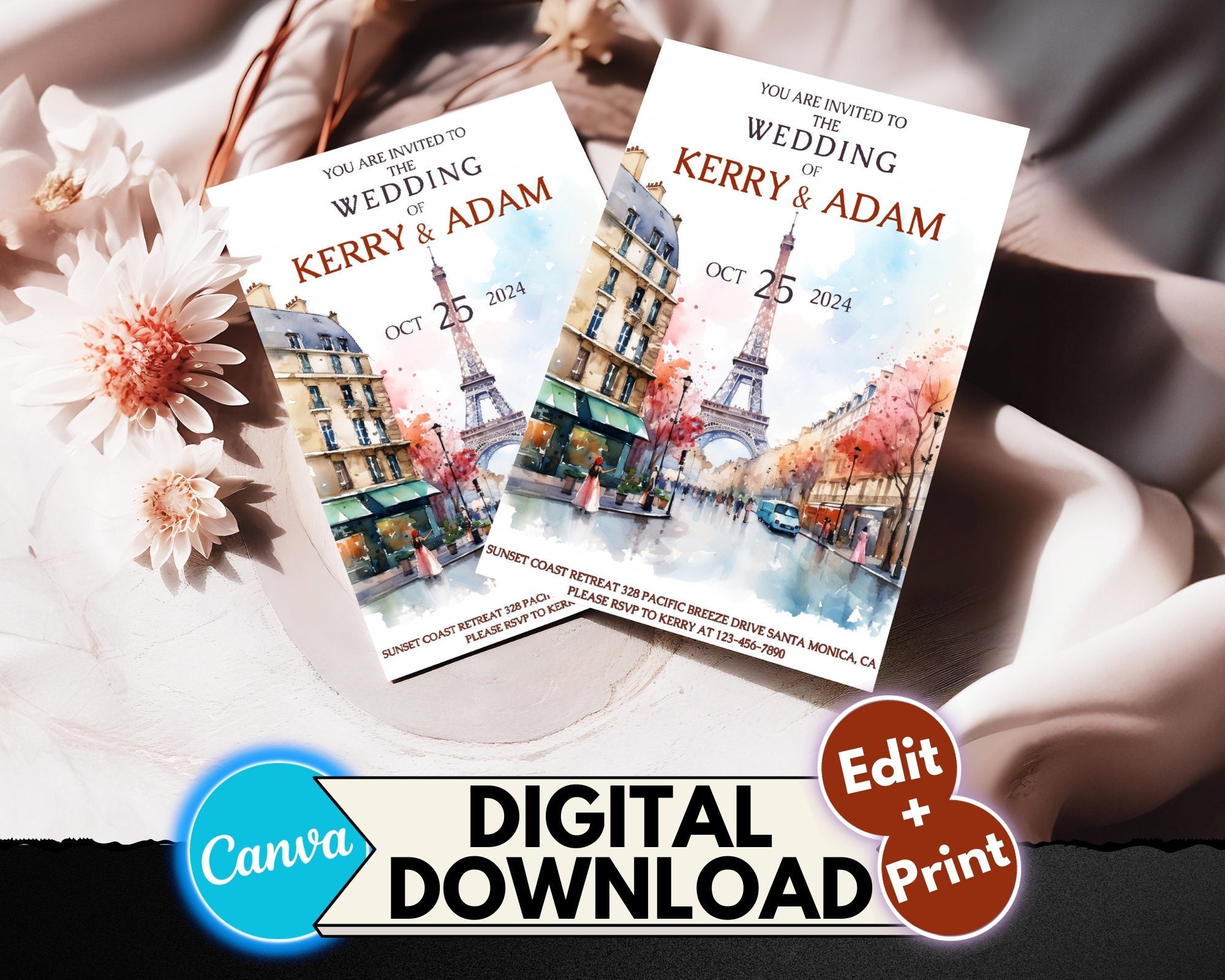 Romantic Paris Wedding Invitation Editable Destination France Template ...