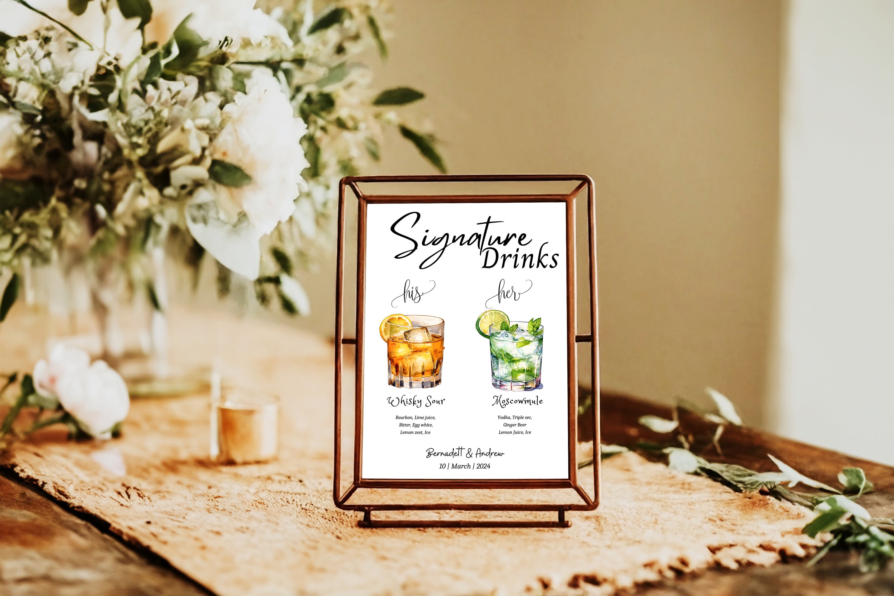 His and Her Drink Sign for Wedding His Her Cocktail Drink Template ...