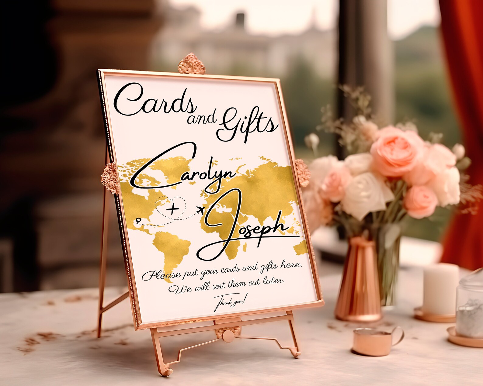 Gold World Map Travel Theme Cards and Gifts Template Sign Destination ...