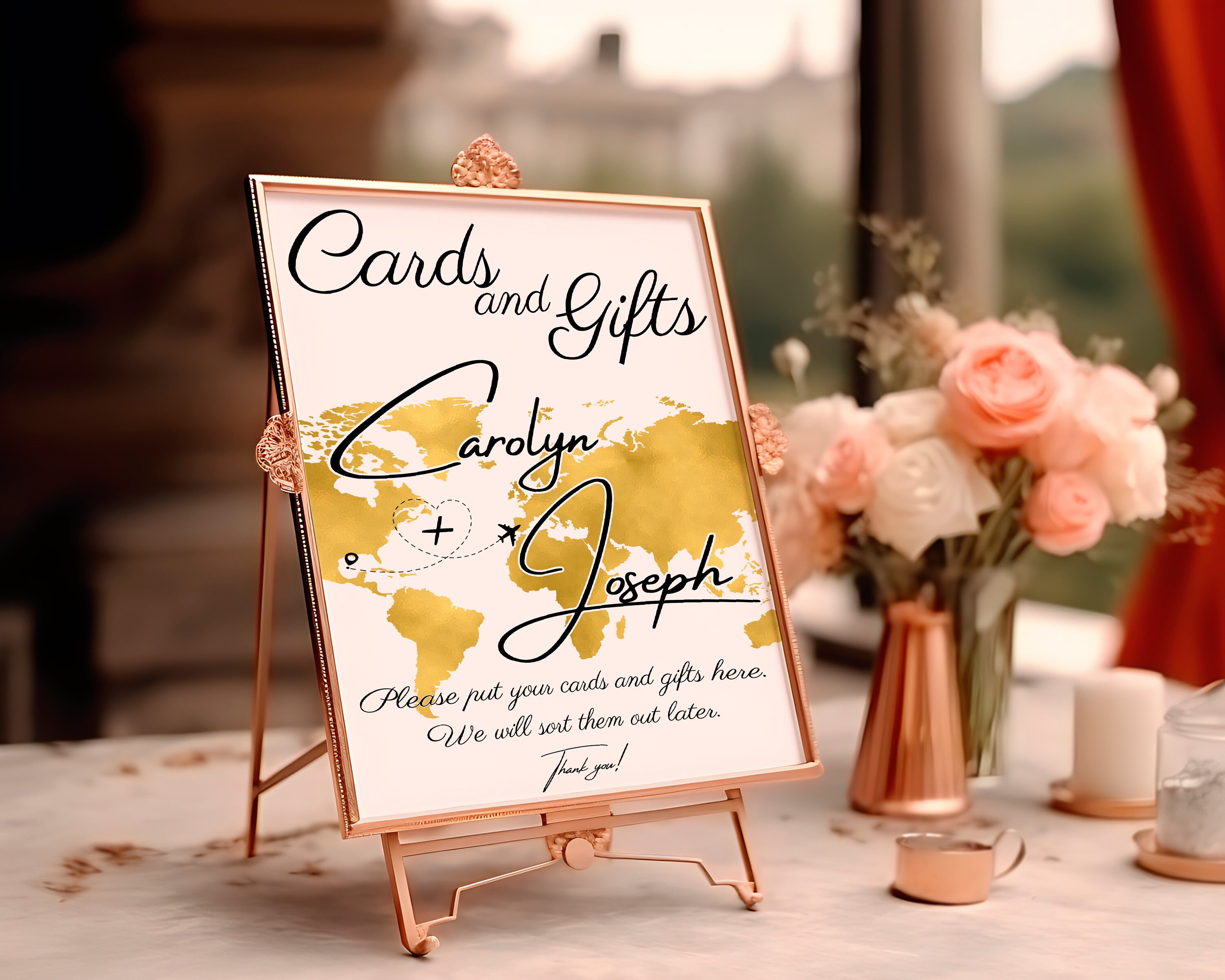 Gold World Map Travel Theme Cards and Gifts Template Sign Destination ...