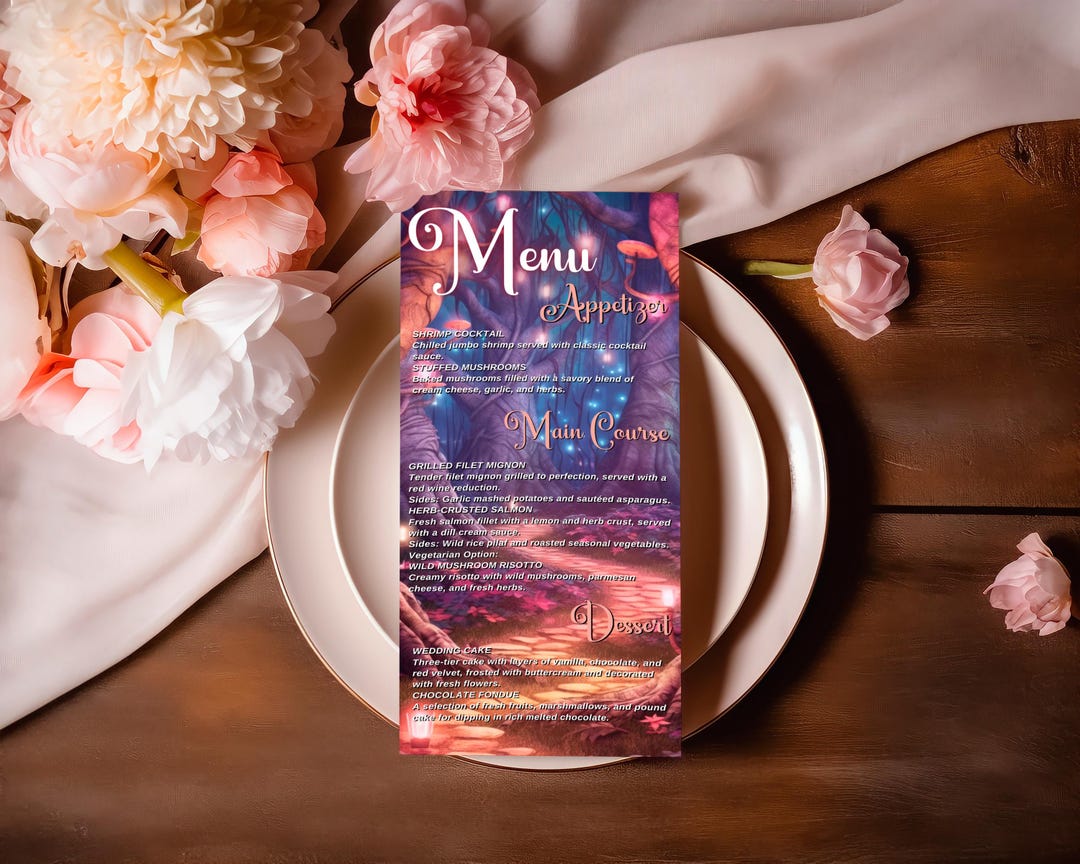 Enchanted Forest Wedding Menu Template Purple Fairytale Mystical Woods ...