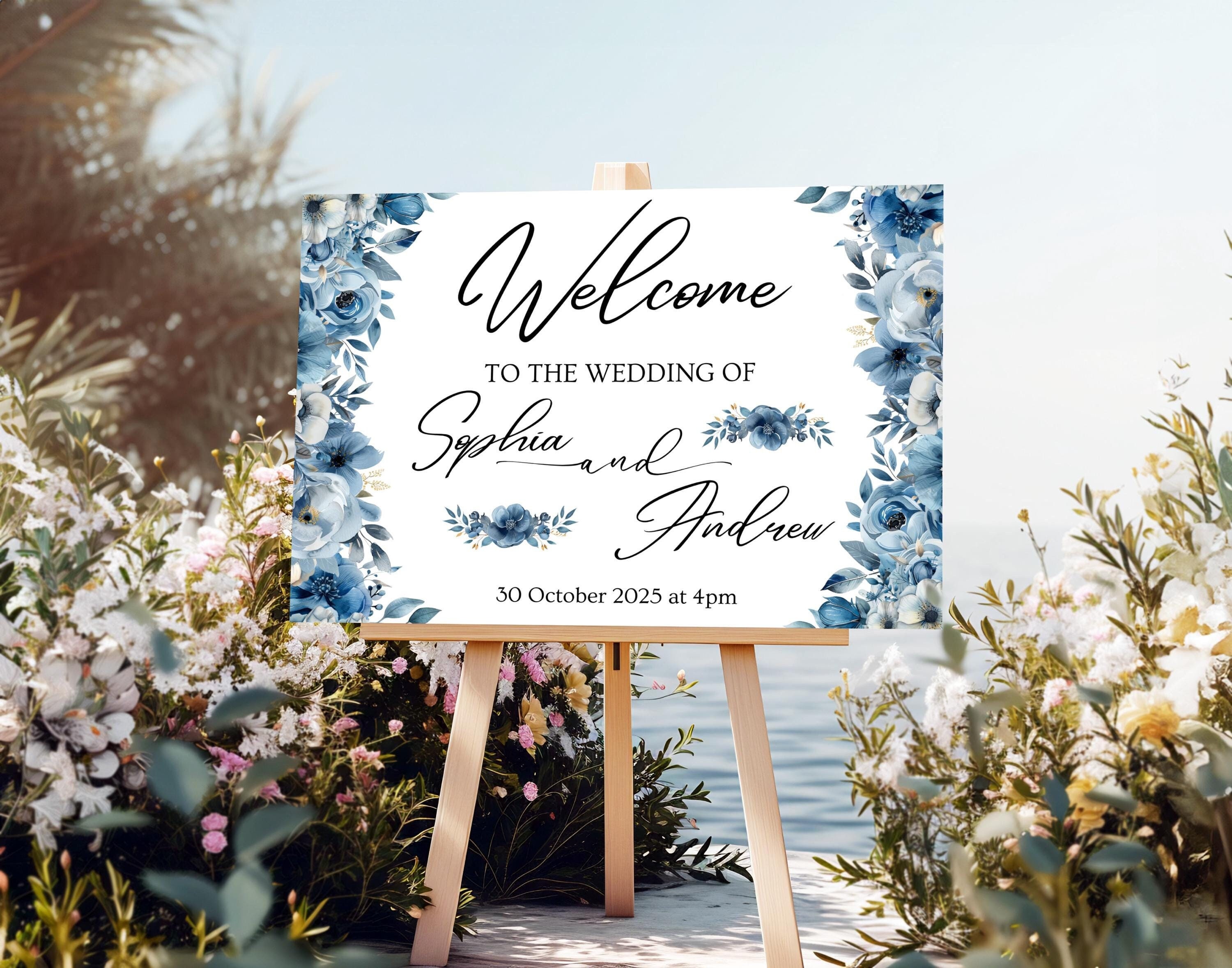 Dusty Blue Wedding Welcome Sign Template Floral Classy Reception Decor ...
