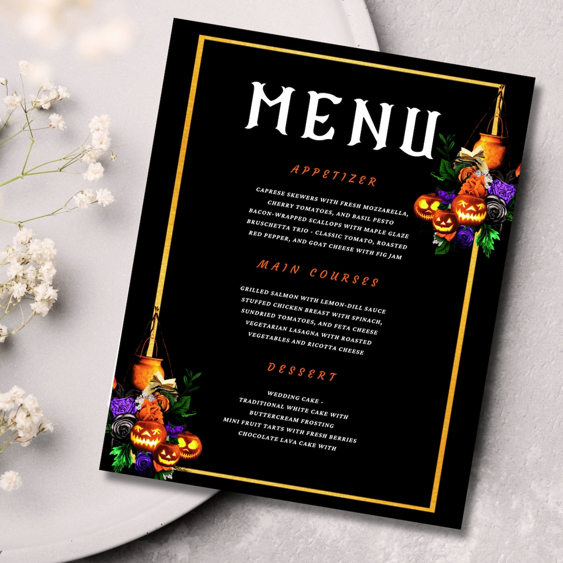 Editable Gothic Pumpkin Flower Halloween Menu, Printable Spooky Dinner ...