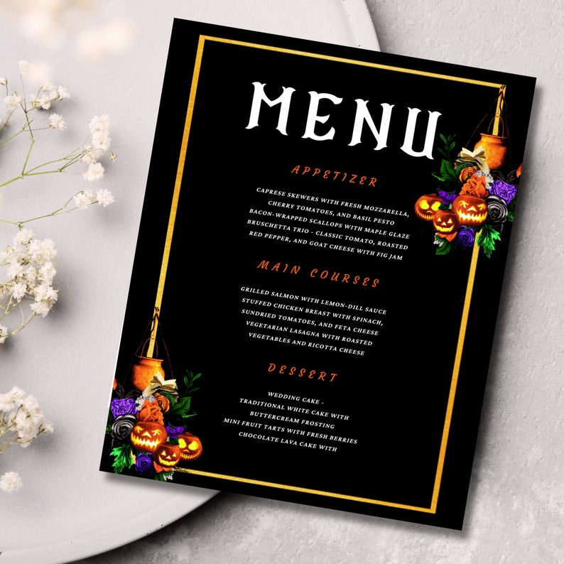 Editable Gothic Pumpkin Flower Halloween Menu, Printable Spooky Dinner ...