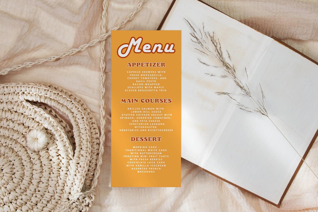 Retro 70s Wedding Menu Card Template, Editable Wedding Table Decor ...