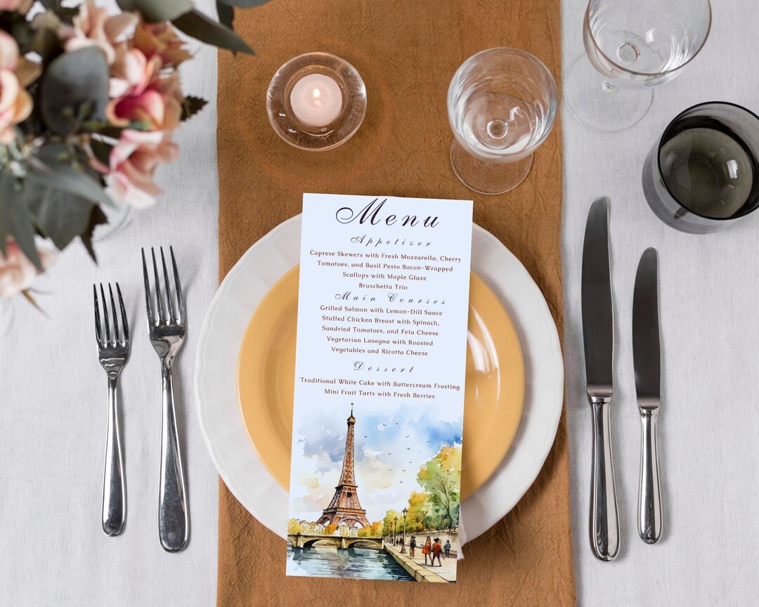 Paris Wedding Dinner Menu Template, Bridal Shower Menu, Paris Party ...