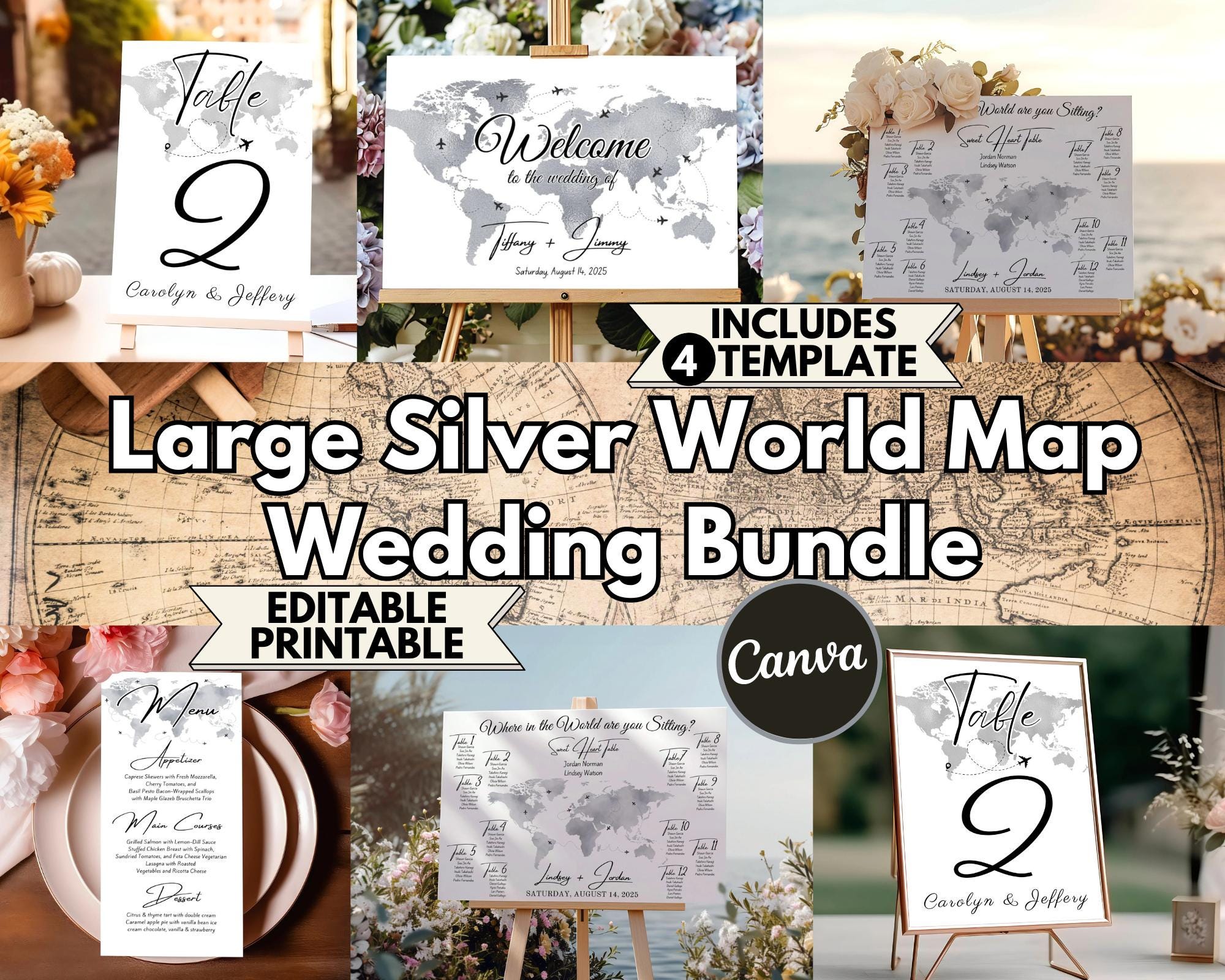 Silver Destination Wedding World Map Bundle With Watercolor Silver ...