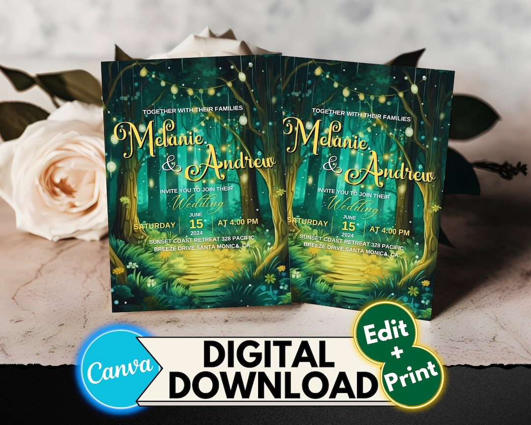 Fantasy Mystical Wedding Invitation Enchanted Greenery Forest Template ...