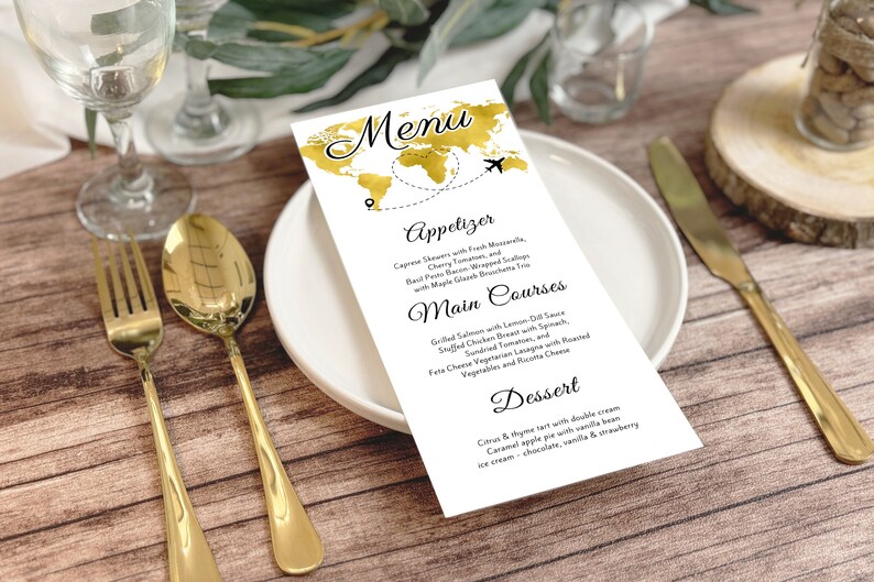 Editable Gold World Map Menu Travel Theme Destination Wedding Travel ...