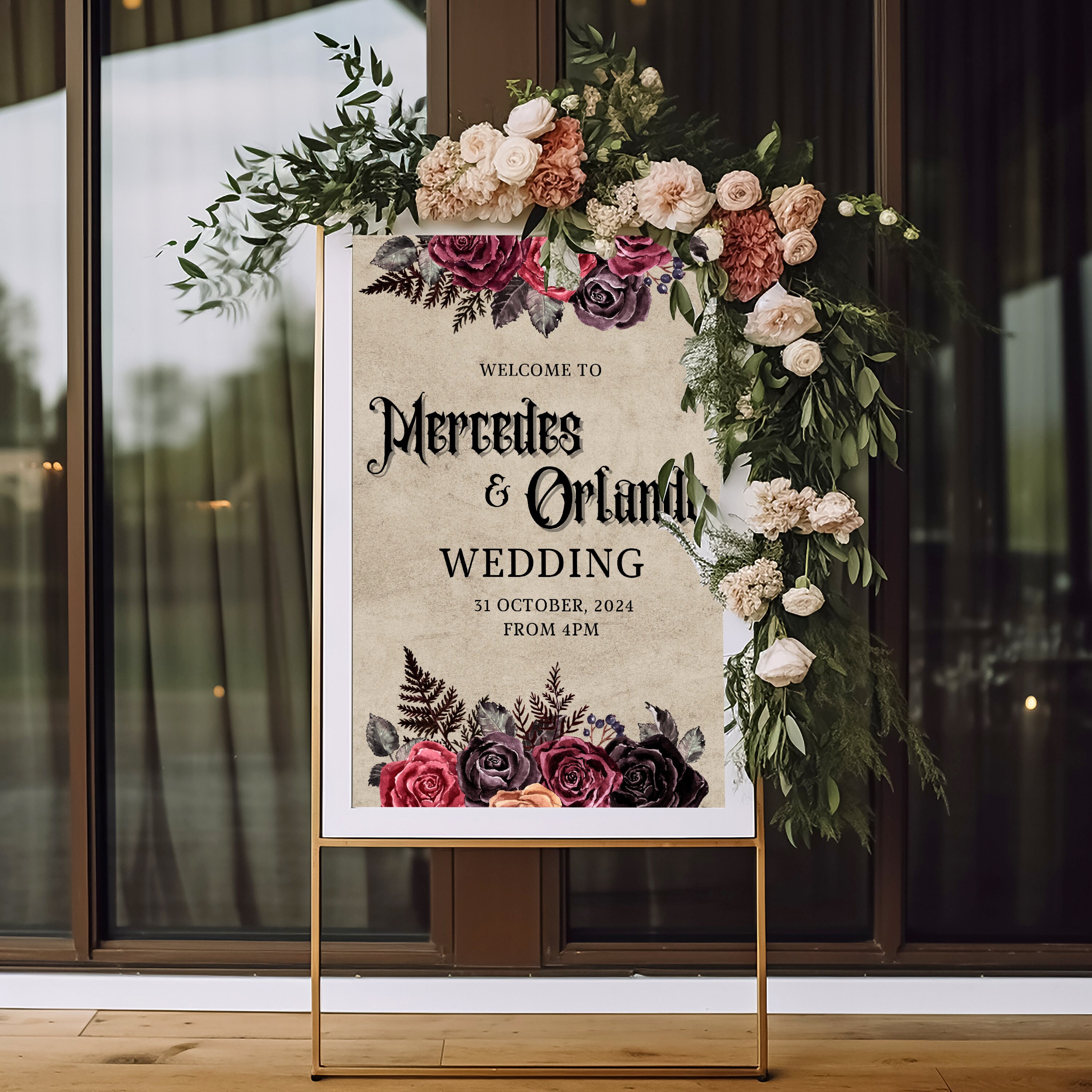 Floral Gothic Wedding Welcome Sign Editable Beige Black Poster Template ...