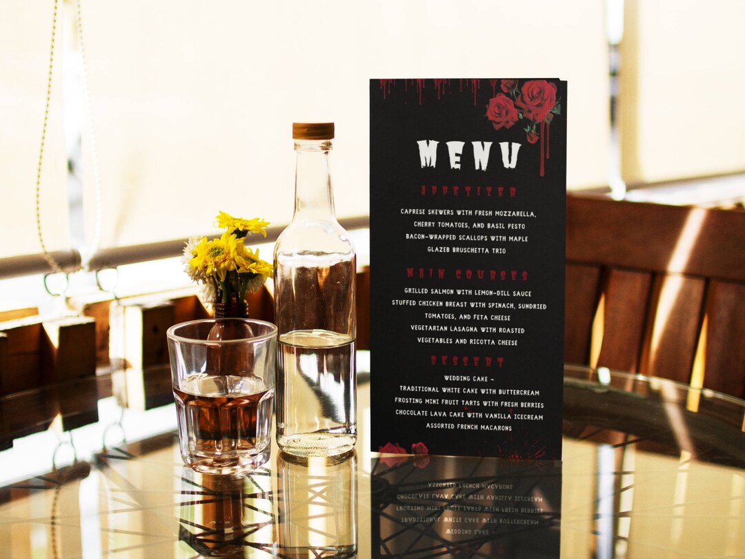 Red and Black Gothic Wedding Menu, Halloween Wedding Dining, Red Roses ...