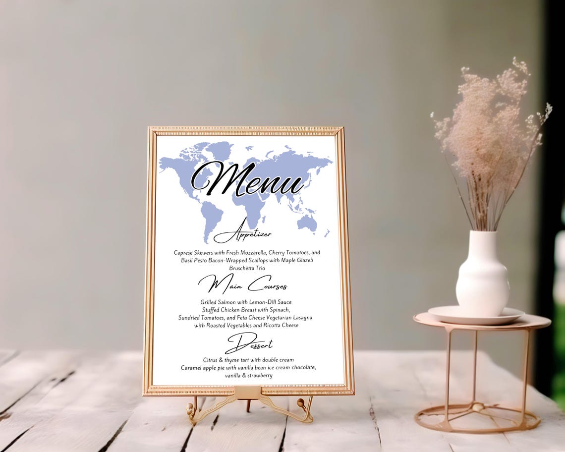 Blue World Map Menu Editable Elegant Travel Theme Menu Baby Shower Menu ...
