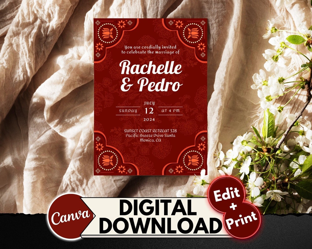 Traditional Hindu Wedding Invitation Burgundy White Floral Card ...