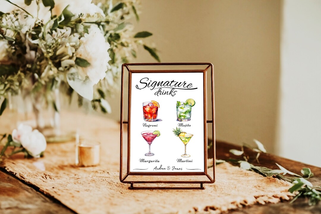 Watercolor Signature Drinks Bar Sign Editable Alcohol Cocktails for ...